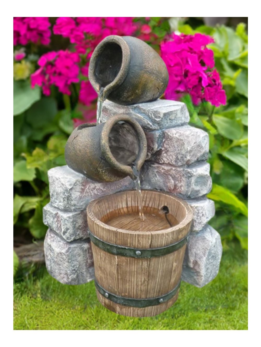 Medium 2 Pots on Wooden Barrel Water Feature - WaterFeatures